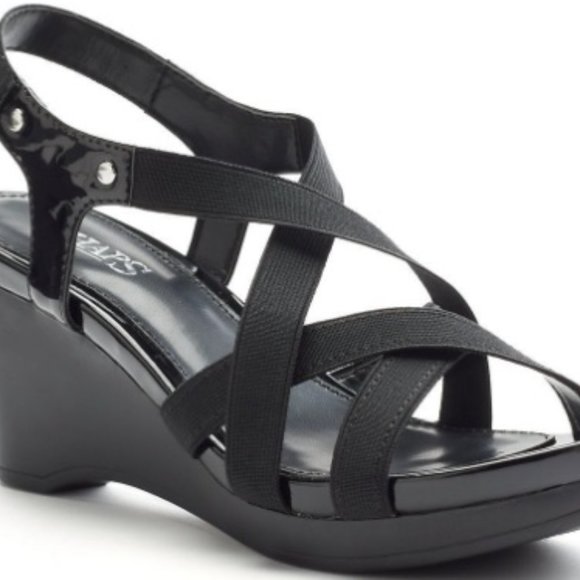 Chaps | Shoes | Chaps Rosilla Black Faux Patent Strappy Wedge Sandals ...